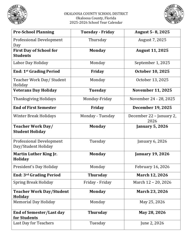 Okaloosa County Schools District Calendar 2025-2026 [PDF]
