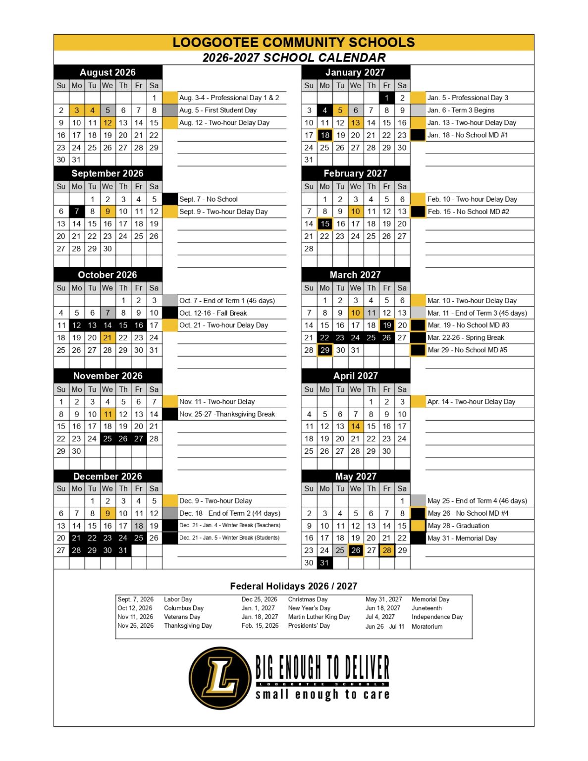 Loogootee Community Schools Calendar 2026-2027 [District]