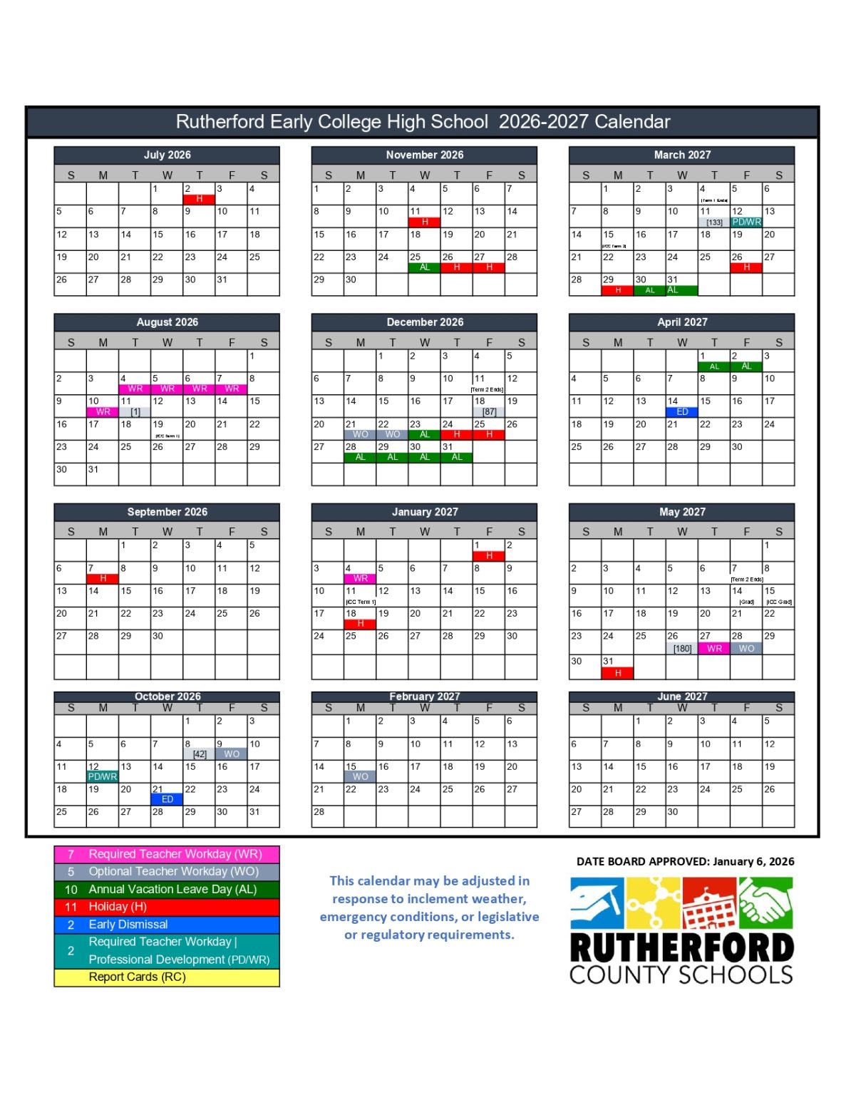 Rutherford County Schools Calendar 2026-2027 [Public School]