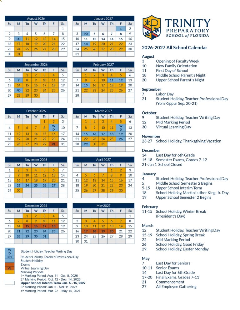 Trinity Grammar School Calendar 2026-2027 [Academic Year]